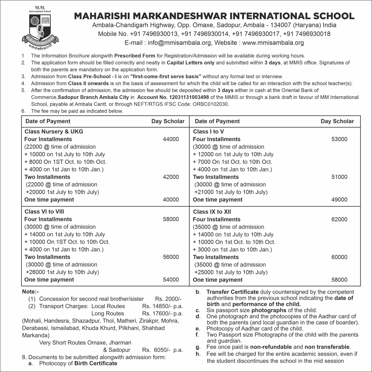 Fee Structure | MMIS (MM International School) Ambala, Haryana